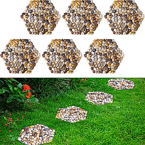 6 PCS River Rock Stepping Stones Outdoor, 9.5 Inch Hexagon Pavers Pebbles Polished Gravel for Garden Walkway
