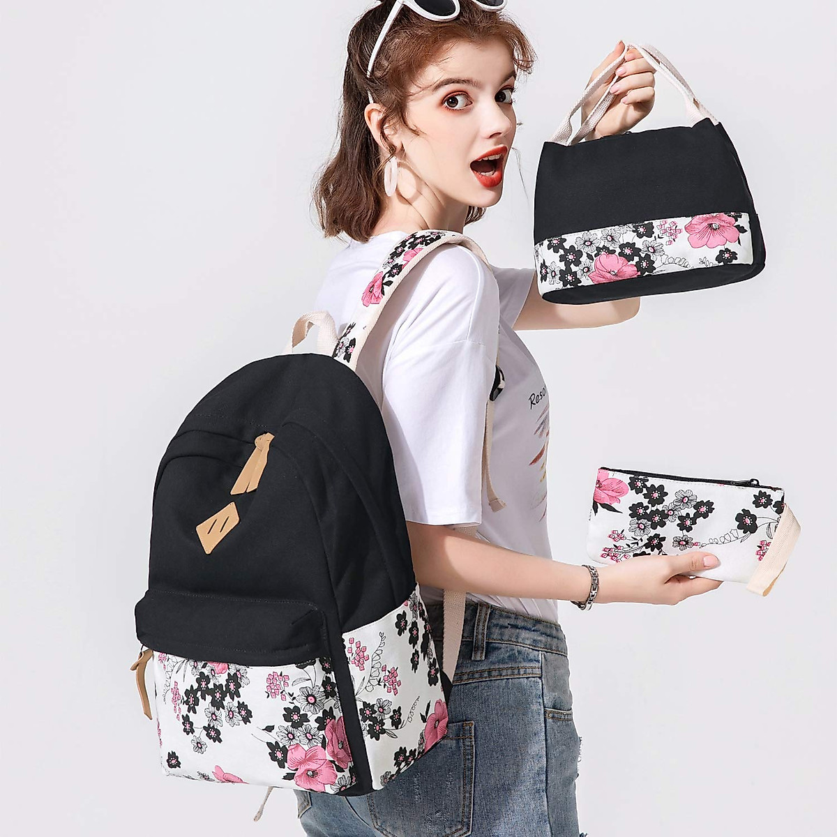 Abshoo Lightweight Canvas Floral Backpacks for Teen Girls School Backpack with Lunch Bag (DG20 Black)