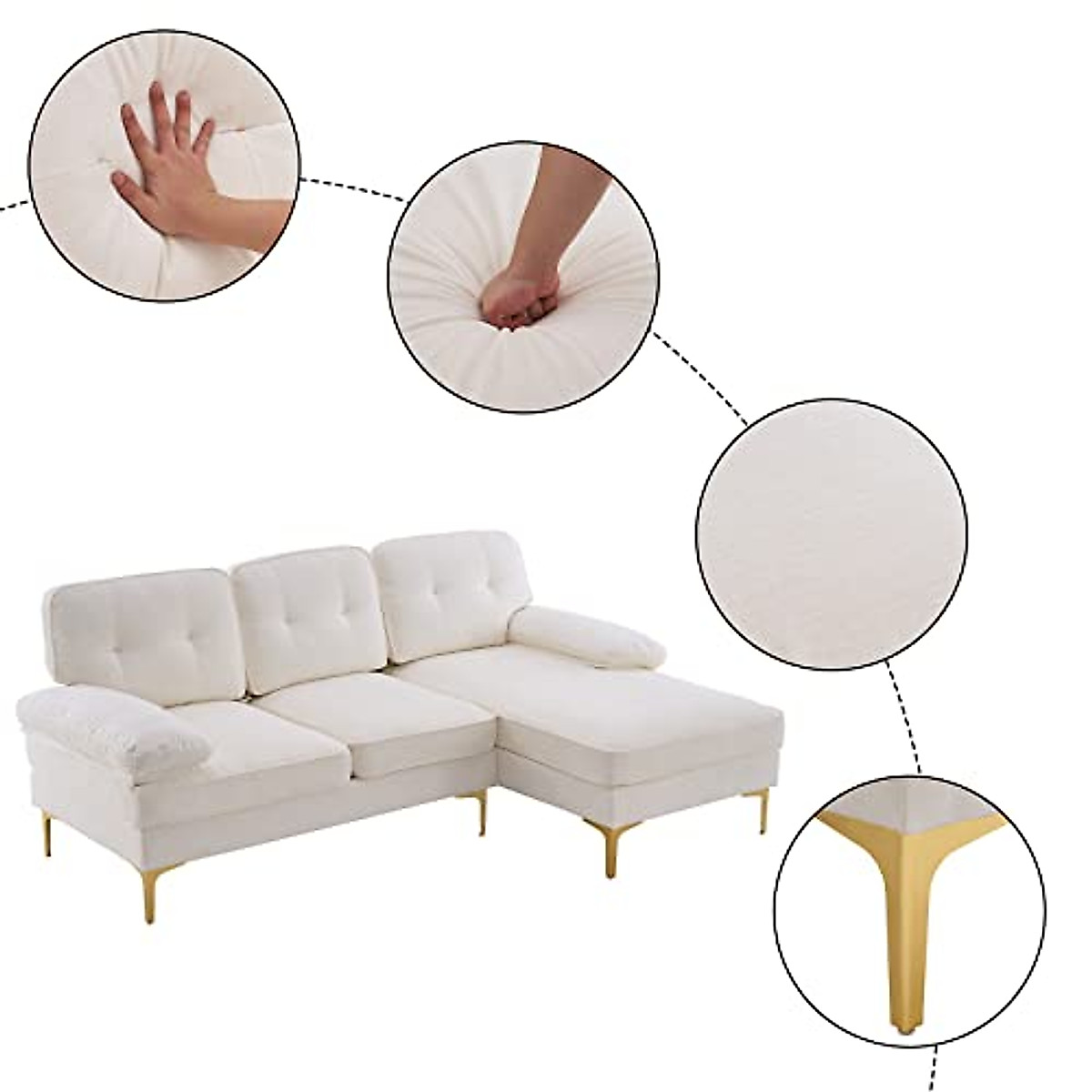 POULEII Sectional Sofa,Modern L-Shape Modular Sectional Sofa Sleeper Couch with Chenille Fabric and Gold-Plated Feet for Living Room, Apartment, Office,Creamy-White