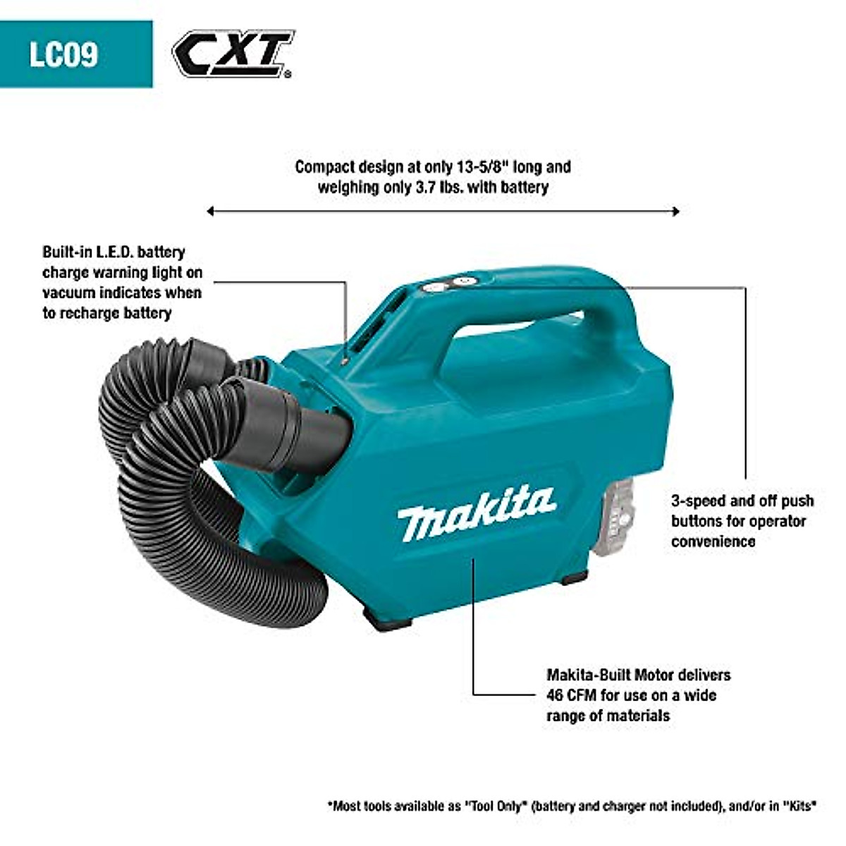 Makita LC09A1 12V max CXT® Lithium-Ion Cordless Vacuum Kit (2.0Ah)