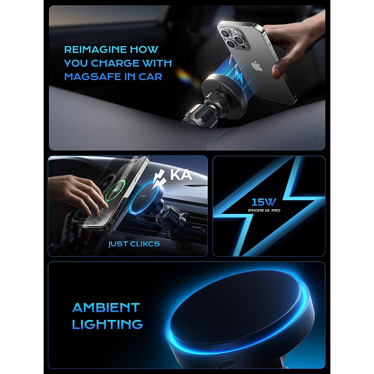 LISEN for Magsafe Car Mount Charger [20 Strong Magnets], for Magsafe Car Charger, Hands Free 15W Wireless Car Charger for iPhone 15, Universal Phone Mount for Car Wireless Charger Fits iPhone 14 13 12