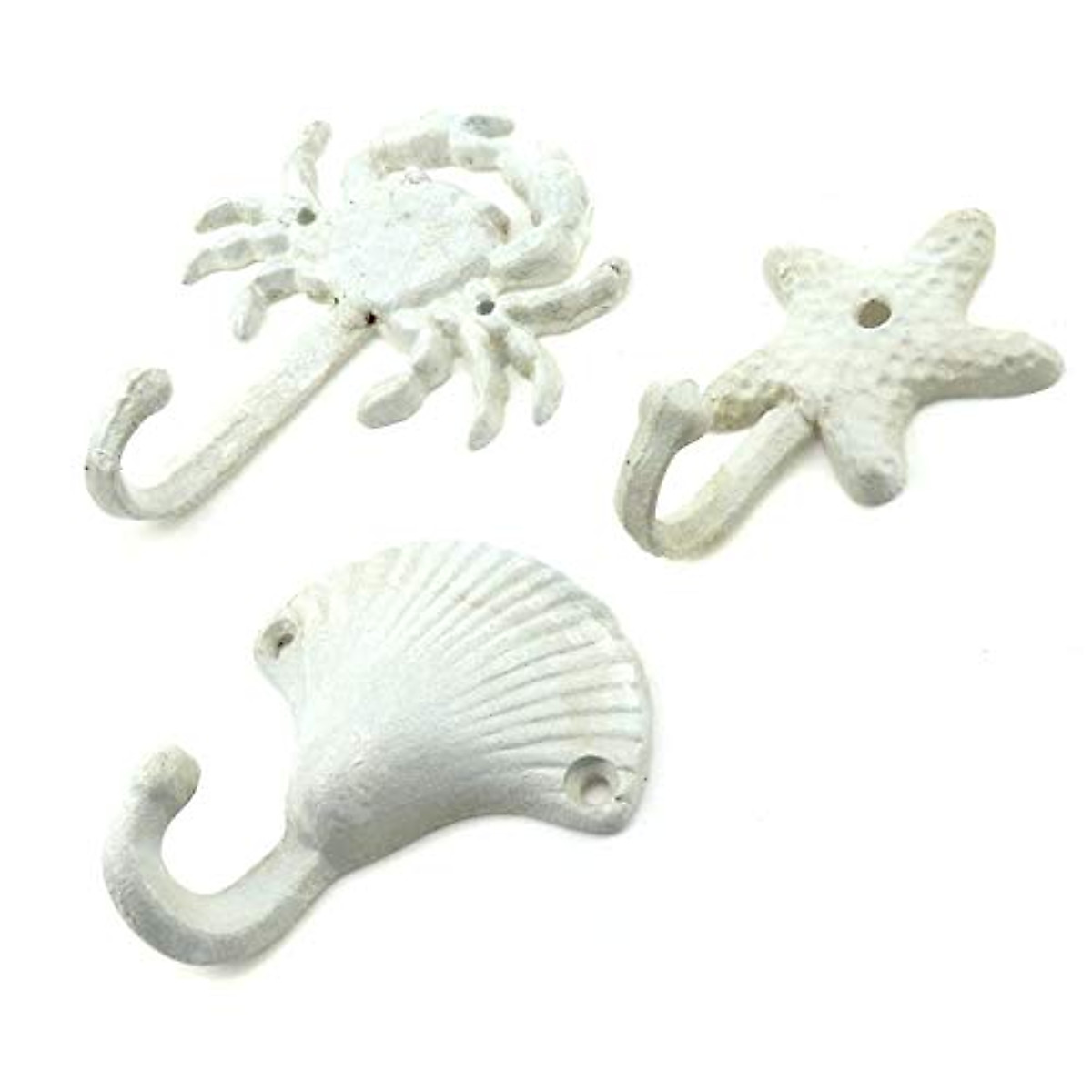 MY MIRONEY 3 Pieces Starfish Seashell Crab Coats Hooks White Beach Ocean Theme Towels Key Hooks Cast Iron Decorative Wall Hooks with Screws