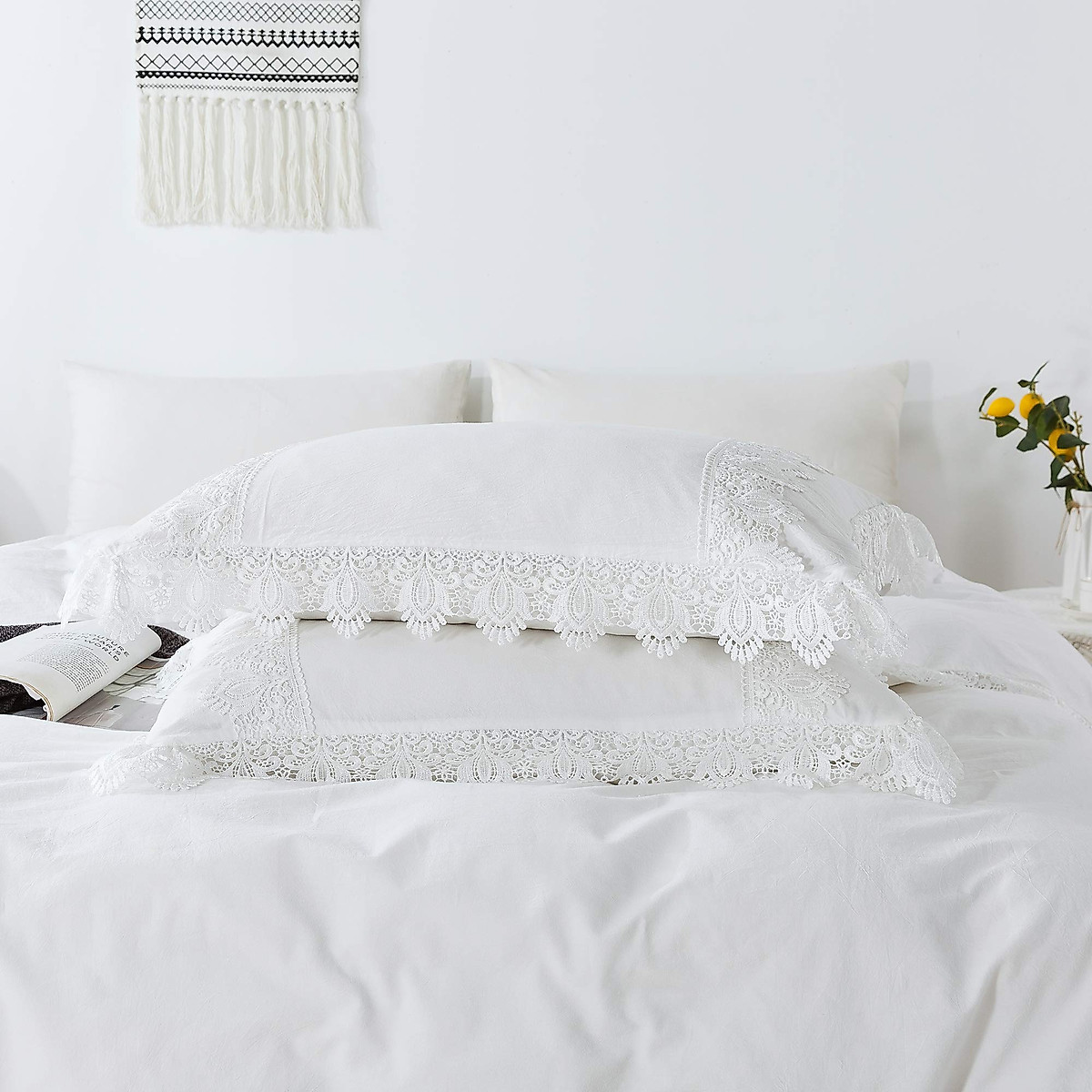 Softta Boho King Size White Lace Bedding Collection Ruffled Vintage 3pc Duvet Cover Set 100% Wahed Cotton Princess Grils Bedding Sets