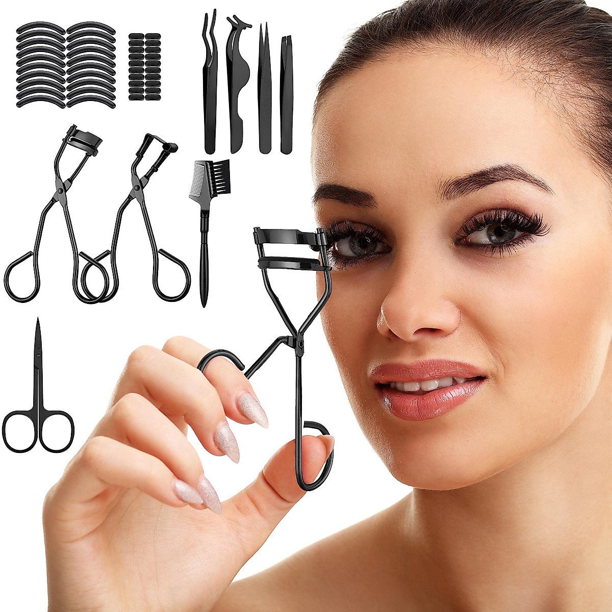 Mudder 48 Pcs Eyelash Curler Makeup Tools Set, Include Mini Eyelash Curler Kit, Eyebrow Extension Tweezers, Brush Comb and Scissors, Silicone Refill Pads, Black