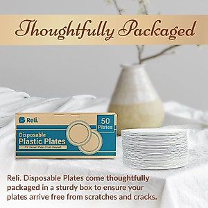 Reli. 50 Pcs Plastic Dessert Plates, Disposable (7.5 inch, White w/Gold Rim) | Small Plates for Party, Heavy Duty | Hard Plastic, for Dessert, Wedding, Birthday, Salad/Appetizer (7.5")