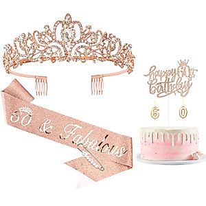 TOBATOBA 60th Birthday Decorations Women, Rose Gold 60 & Fabulous Birthday Sash, 60th Birthday Crown Tiara, Birthday Candles and Cake Toppers, Happy 60th Birthday Gifts for Women Birthday Decor