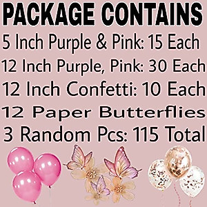 (115 PCS) Butterfly Pink and Purple Balloons Garland Arch Kit, Baby Shower Decorations for Girl Butterfly Stickers Confetti Balloons for Birthday Wedding Bridal Shower Decorations
