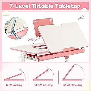 Costzon Kids Desk and Chair Set, Height-Adjustable Student Study Desk with Tiltable Desktop, Book Stand, Ergonomic Chair with Footrest, Writing Table & Chair Set for Boys Girls (Pink)