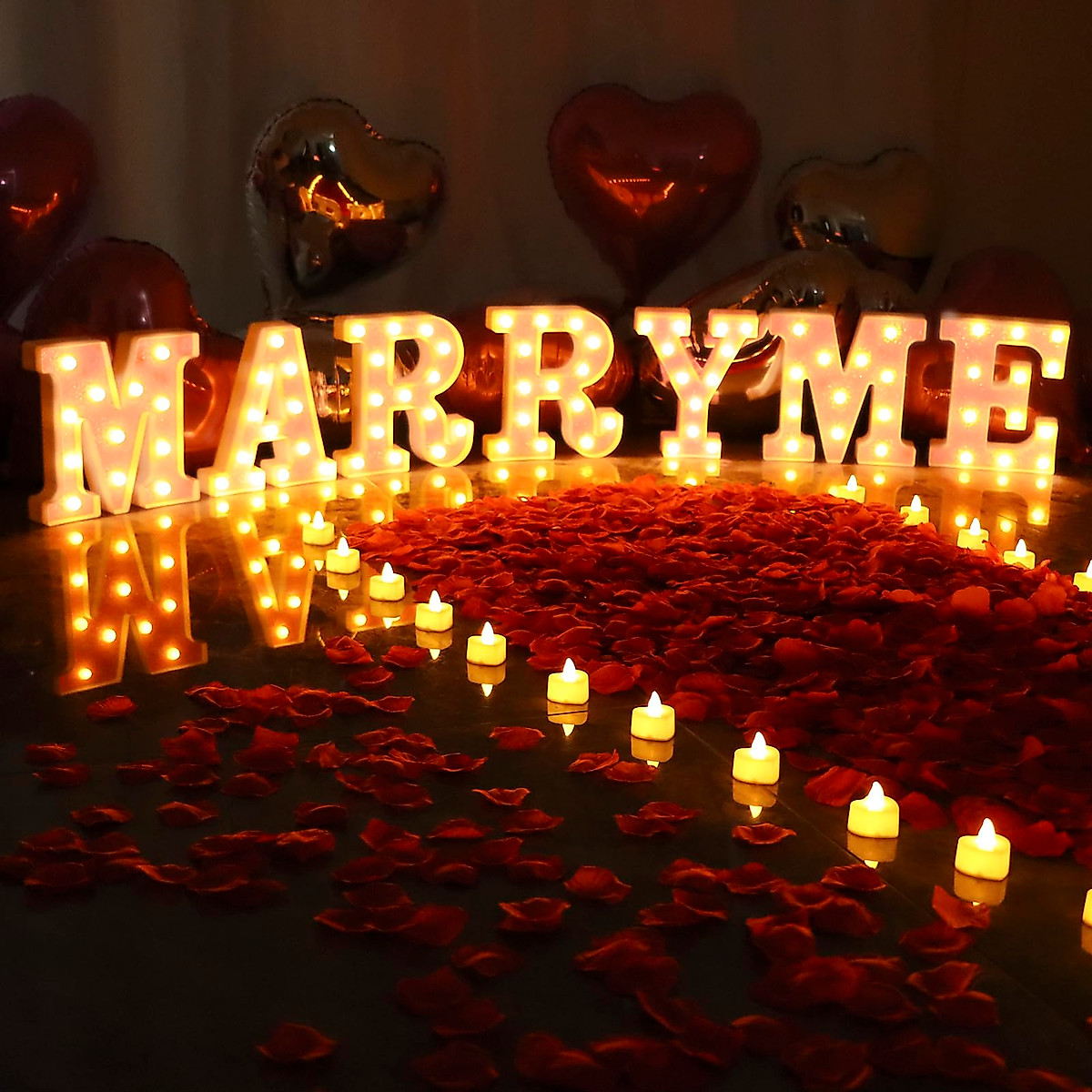 WLLEYAY Marry Me Sign Large Proposal Decorations Light Up Letters with 2000 Pcs Rose Petals and 24 Romantic LED Flameless Candles Love Balloons Kit for Valentines Day Engagement Wedding Outdoor Decor
