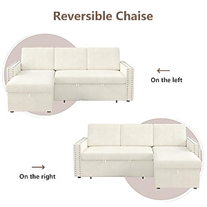 HUMEHA Reversible Sleeper Sectional Sofa, Tufted Chenille L-Shaped Couch with Storage and Pull Out Bed, Convertible Sectional Sleeper Sofa with Nailhead Trims for Apartment Living Room, Beige