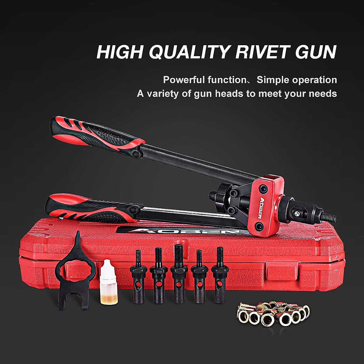 AOBEN 14" Rivet Nut Tool, Professional Hand Rivet Nut Setter Kit Labor-Saving and Compact Design Including 6 Interchangeable Mandrels 90pcs Rivnuts and 2 Mandrel Lock Pins