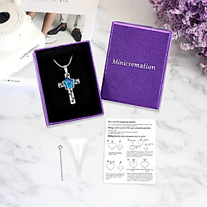 Urn Necklace for Ashes Rose Flower Cross Cremation Jewelry Pendant for Human/Pet Funeral Keepsake Memorial Necklace (Silve-Blue)