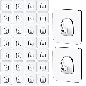 Yinkin 30 Pieces Clear Wall Hooks 15 lb (max) Adhesive Hooks for Hanging Plastic Sticky Hooks Heavy Duty Hook Transparent Drill Free Reusable for Hat Kitchen Bathroom Office, No Trace No Scratch