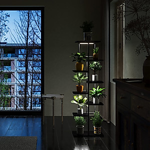 Solatmos Metal Plant Stand with Grow Lights Multiple Wood Flower Planter Pot Holder Shelf Rack Display for Patio Garden Corner Balcony Living Room