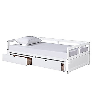 voqoomkl Twin Daybed Platform Bed with Trundle Bed and Two Storage Drawers, Extendable Daybed Twin to King, Wooden Sofa Bed Frame for Living Room, Guest Room, No Box Spring Needed, White
