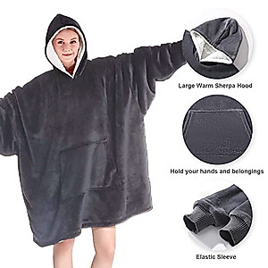 Touchat Wearable Blanket Hoodie, Oversized Sherpa Blanket Sweatshirt with Hood Pocket and Sleeves, Hooded Blanket for Adult Women Men, (Gray)