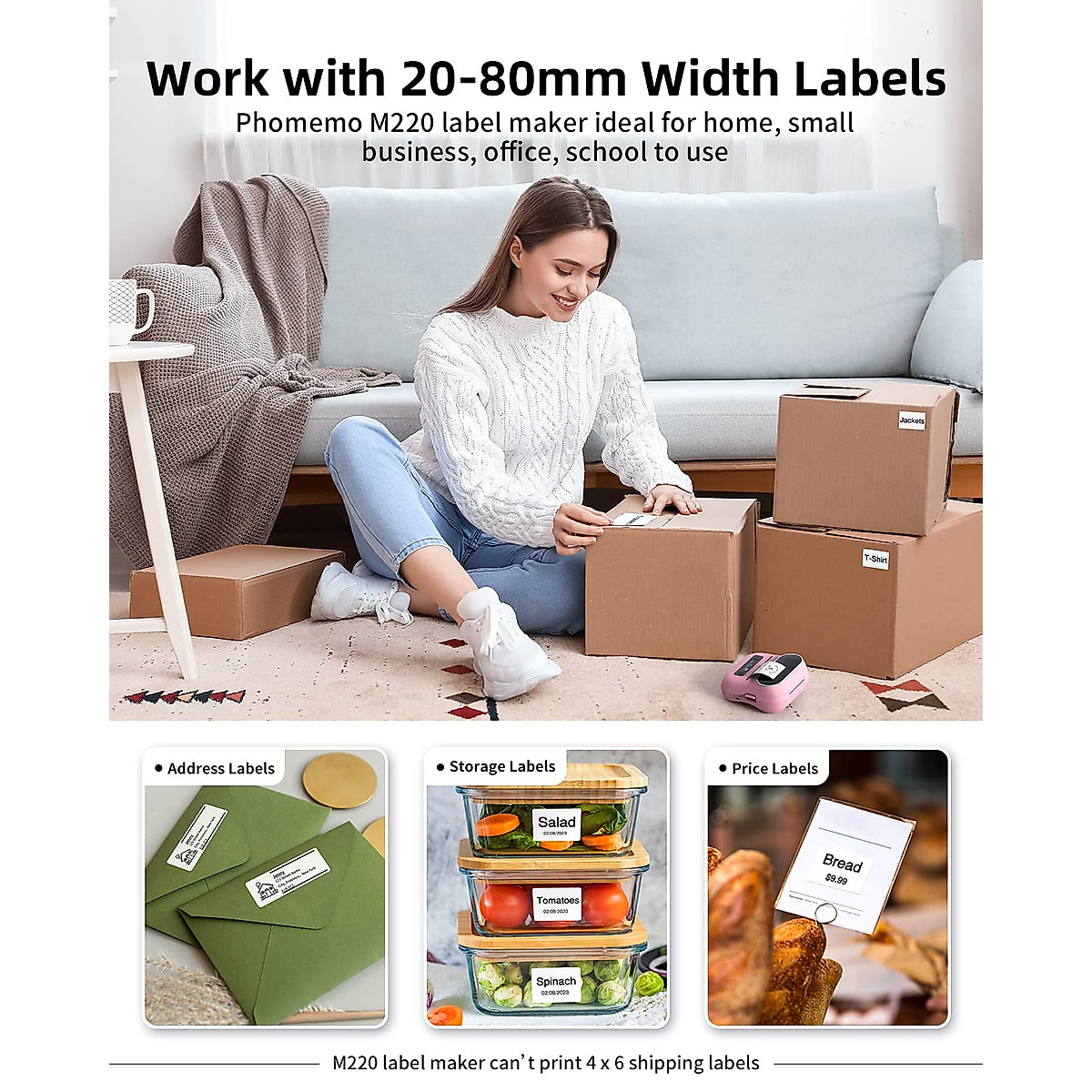 Phomemo Label Printer - M220 Label Maker, Bluetooth Mini Barcode Printer, 3 Inch Wireless Portable Sticker Maker Machine for Mailing, Storage, Address, Clothing, Home, Office,Pink