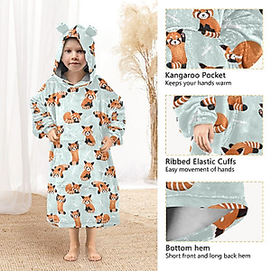 JHKKU Cute Red Panda Wearable Blankets for Kids, Oversized Flannel Blanket Hoodie for Kids, Warm Blanket Hoodie for Boys Girls with Pockets