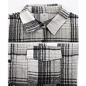 Womens Casual Plaid Shacket Flannel Button Down Long Sleeve Shirt Fall Jacket Shackets 6059 A-Grey Large