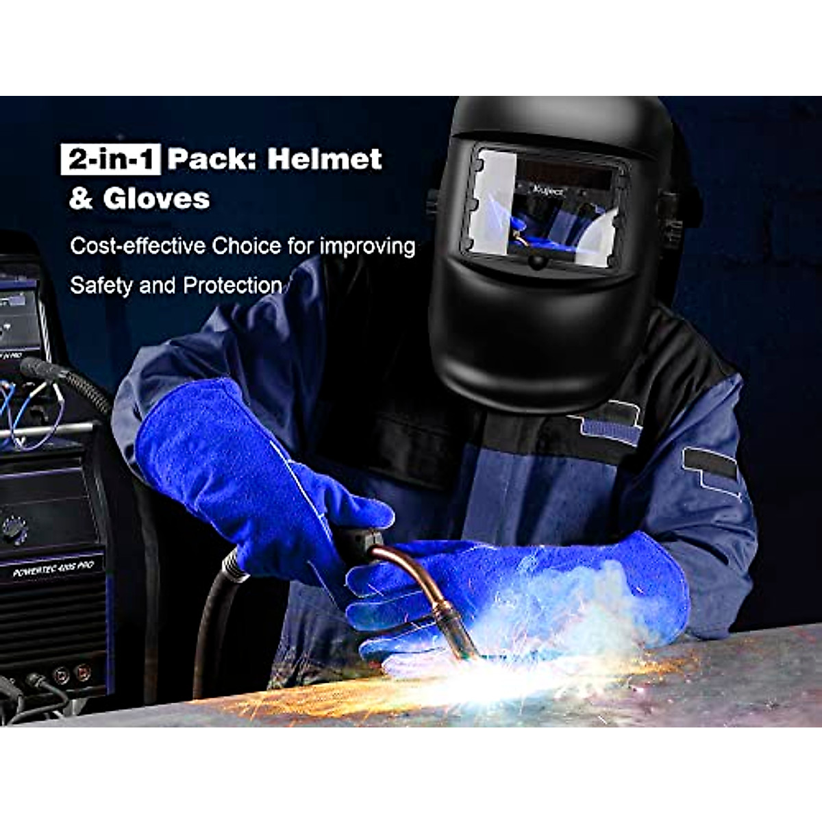 Kuject Auto Darkening Welding Helmet with Welding Gloves, True Color Solar/Battery Powered Welding Hood, Welding Mask With Wide Shade 4/9-13 for MMA TIG MIG MAG Arc Welder Mask