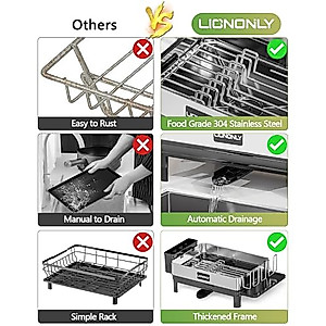 LIONONLY Dish Drying Rack, Thicker Premium 304 Stainless Steel Dish Racks for Kitchen Counter, Drainer & Drainboard Set with Adjustable Spout, Utensil Holder and Cup Holder, Black