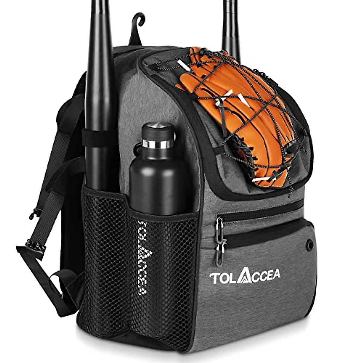 Youth Baseball Bag With Shoes Compartment and Fence Hook Holds Bat, Glove, T-Ball & Softball Equipment, Backpack for Boys and Girls (Grey)