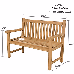 A-ECO LIVING Teak Outdoor Bench, 2-Seat Wood Patio Bench, 47 inch Patio Long Garden Bench Ideal for The Front Porch, Backyard, Deck, Lawn
