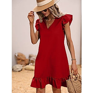 SOLY HUX Summer Dresses for Women V Neck Cap Sleeve Ruffle Hem Smock Short Dress Plain Red XL