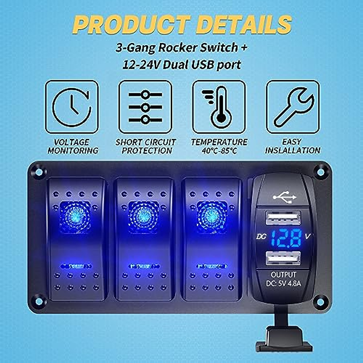 3 Gang Rocker Switch Aluminum Panel with Voltmeter & Dula USB Charger (4.8 Amp) 12V/24V DC Rocker Switch with Night Glow Stickers, Waterproof for Marine, Boat, Car, Truck, Jeep (Blue)