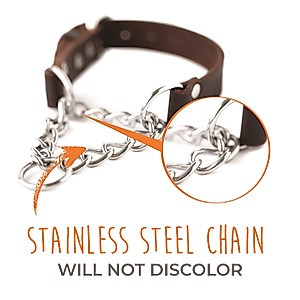 Mighty Paw Martingale Dog Collar - No Pull Design - Stainless Steel Chain - Limited Chain Cinch Training - Dog Collar Leather Martingale - Brown Leather Martingale Training Collar - Large Size Collar