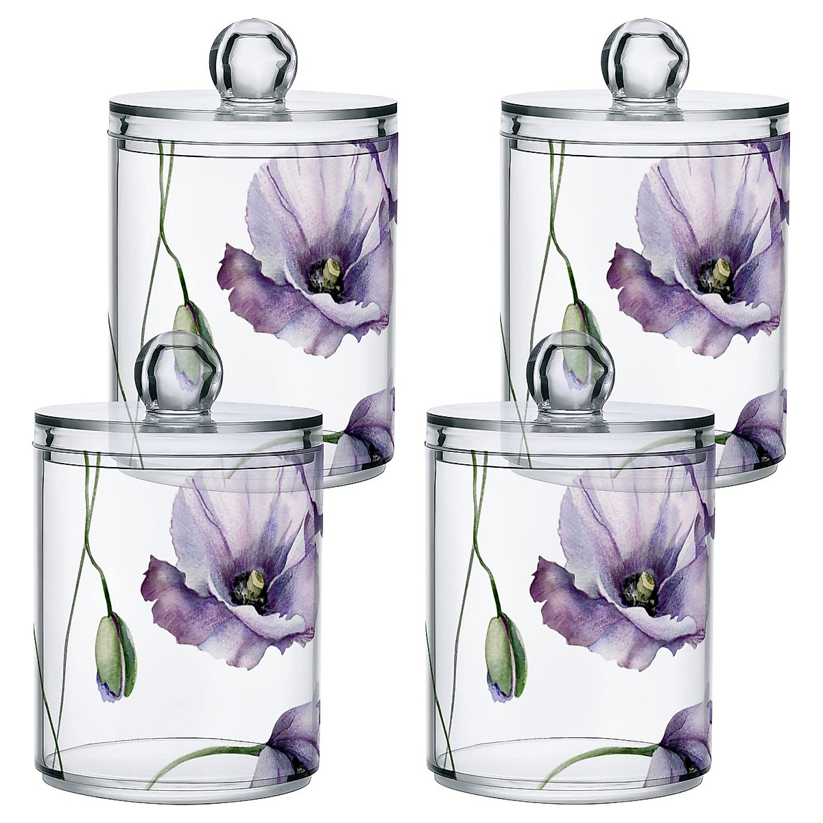 ALAZA 2 Pack Qtip Holder Dispenser for Cotton Ball Watercolor Flowers Purple Poppies Cotton Swab Cotton Round Pads Clear Plastic Acrylic Jar Set Bathroom Canister
