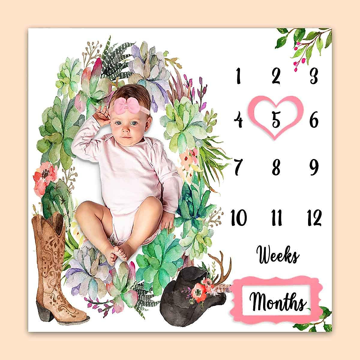 PHMOJEN Baby Monthly Milestone Blanket, Western Cowboys Floral Wreath Age Blanket for Nursery, Unisex for Newborn 1-12 Months, Includes 4 Frame and 1 Headband 47"x47" BTLSPH463
