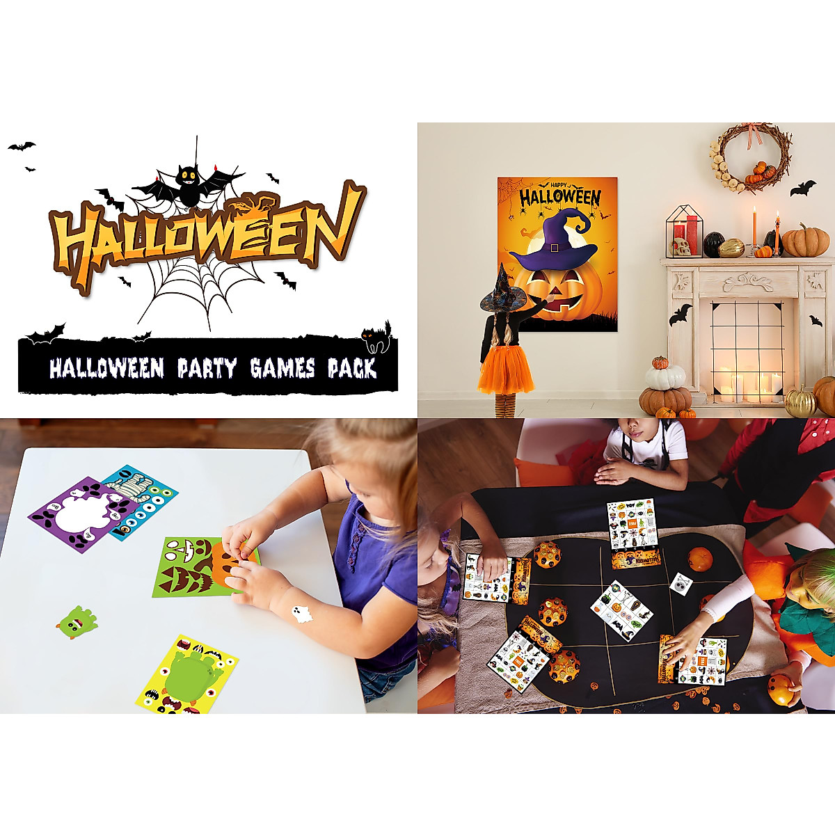 MISS FANTASY Halloween Games - 3 in 1 Halloween Party Games Include Halloween Bingo Game Halloween Pin Game Halloween Stickers Halloween Party Favors Supplies for Kids Children Activities
