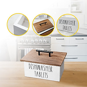 Dishwasher Pod Container, Farmhouse Dishwasher Pods Holder, Kitchen Tablet Organizer, Wood Dishwasher Tablet Dispenser Caddy, Rustic Powder Coated Box with Lid