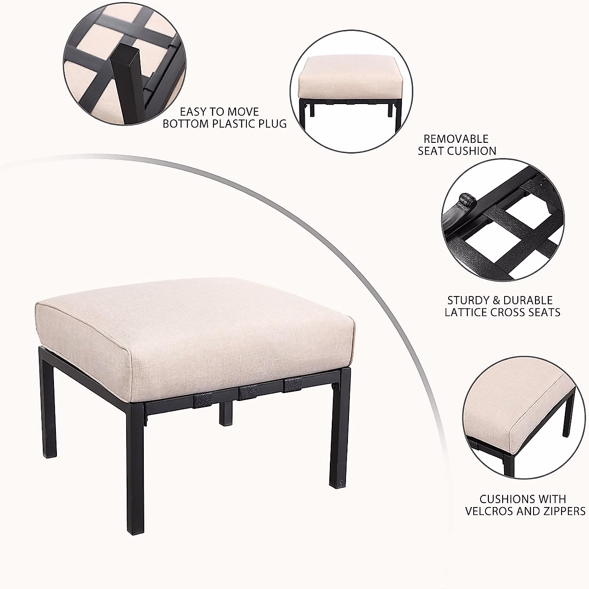 Festival Depot Patio Ottoman Metal Footstool with Thick Cushion Small Seat All Weather Outdoor Furniture for Porch Deck Garden (Beige)