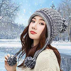 HUAMULAN Women Winter Sherpa Beanie Hats Knit Ear Flaps Peruvian Cover Ears Warm Fleece Lined Ski Snow Hat with 3 Pompom