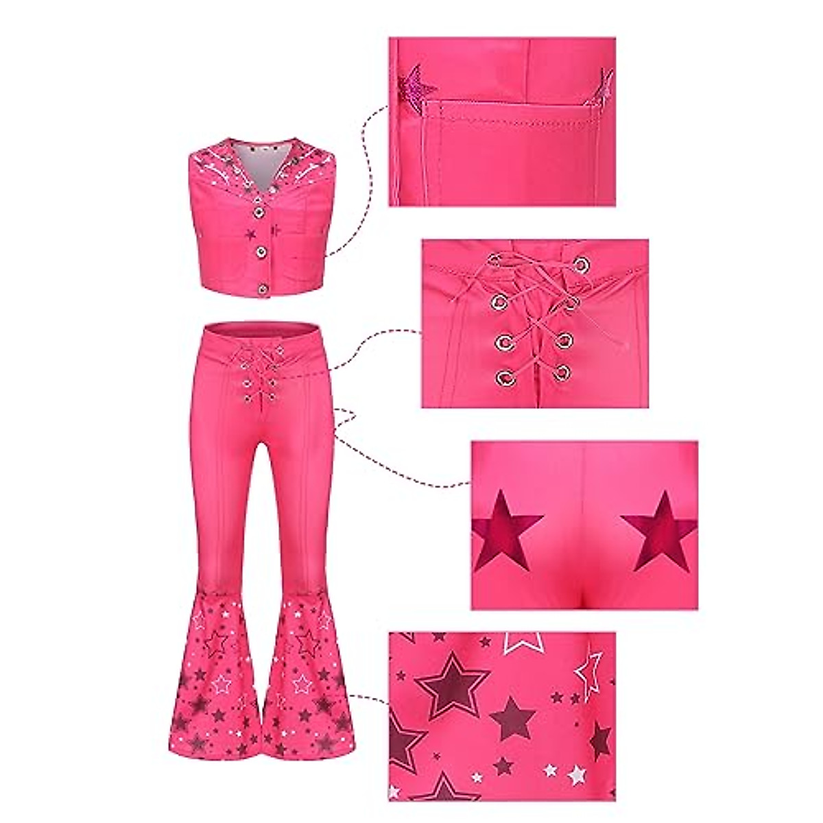 Hitormoon Pink Cowgirl Costume for Girls,70s 80s Hippie Disco Outfits for Kids, Halloween Cosplay Costume with Accessories Scarf Earrings HN009M