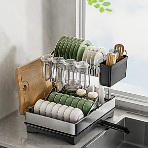 Stainless Steel Dish Drying Rack 2 Tier, Large Dish Racks for Kitchen Counter,Dish Drainer and Dish Rack with Drain of Rotatable Spout，Collapsible Dish Drying Rack for Kitchen Counter of family,Black