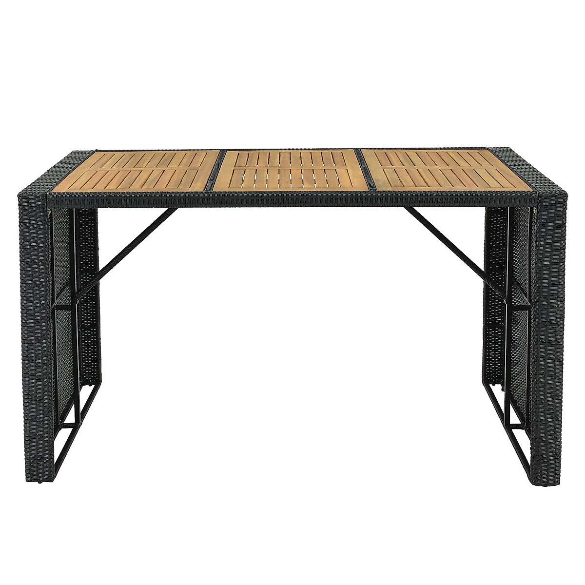 Modern Outdoor Patio Furniture Set, 7-Piece Rattan Dining Set, 6 Chairs with Cushions and PE Wicker Dining Table with Acacia Wood Tabletop, Perfect for Backyard, Garden