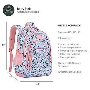 MYGOO Girls Backpack - 17" Tall Colorful School Bag, Archibald Collection, 24L Capacity, Berry Pink