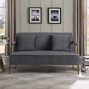 HANLIVES 55" Loveseat Sofa,Modern Upholstered Pleated Velvet Couch,2 Seater couches with 2pcs Throw Pillows,Comfy Love seat with Gold Metal Legs for Living Room,Small Spaces,Apartment(Grey)