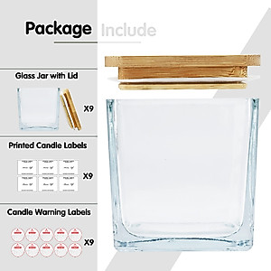 Creahaus 9pack, 10oz Square Candle Jars with Bamboo Lids, Thickened Glass Candle Containers with Warning Labels, Empty Candle Vessels for Candle Making DIY Craft
