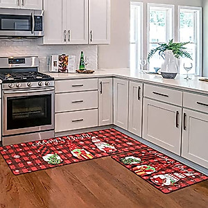 Pauwer Christmas Gnome Kitchen Rugs Set of 2, Farmhouse Red Buffalo Plaid Kitchen Floor Mat, Non Slip Anti Fatigue Kitchen Mats for Floor, Cushioned Kitchen Rug Set Christmas Winter Holiday Decoration