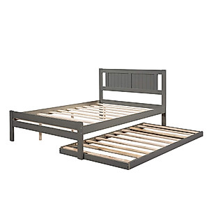 Harper & Bright Designs Full Size Platform Bed with Adjustable Trundle, Wooden Full Bed Frame with Headboard, No Box Spring Needed (Gray)