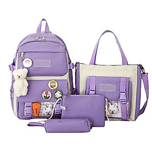 4Pcs Kawaii Cute Backpacks Combo Set with Bear Pendant Pins Back To School Supplies Aesthetic Anime Canvas Schoolbag Daypack (Purple)