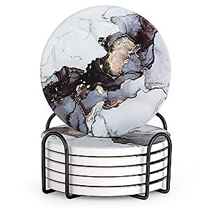 Coasters with Holder, Absorbent Coasters by DSNDVES, Set of 6 Ceramic Coasters, Marble Style Drink Coasters with Cork Base, Bar Coasters, Round Stone Coasters for Table Protection Black