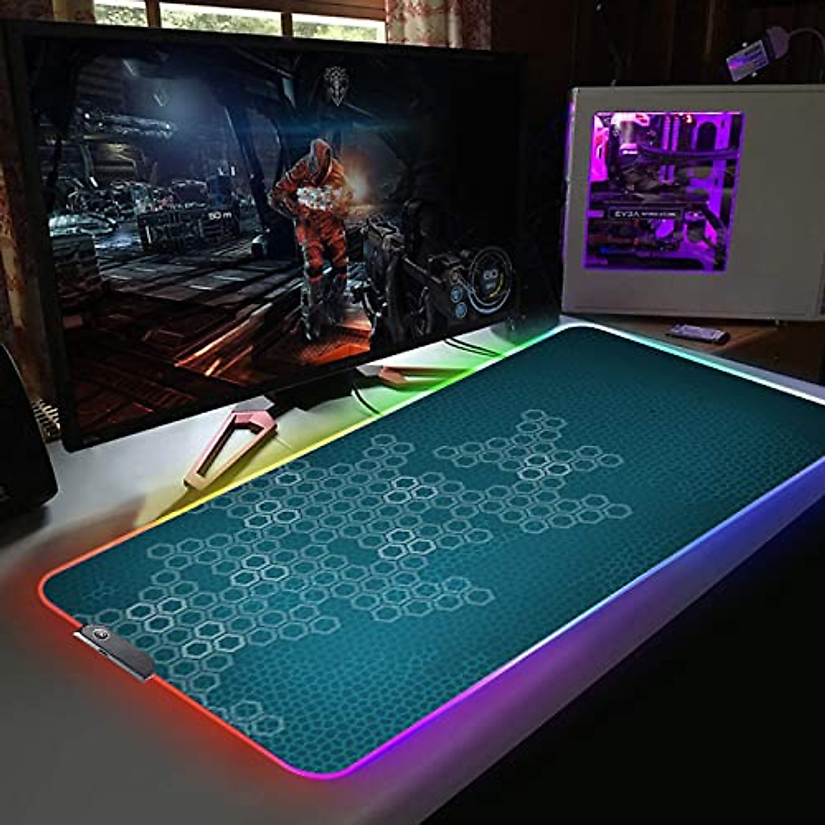 Gaming Mouse Pads Green Hexagon Texture Pattern RGB Gaming Mouse Mat LED Glowing Computer Keyboard Carpet XXL with 14 Lighting Modes Desk Pad,400x800mm