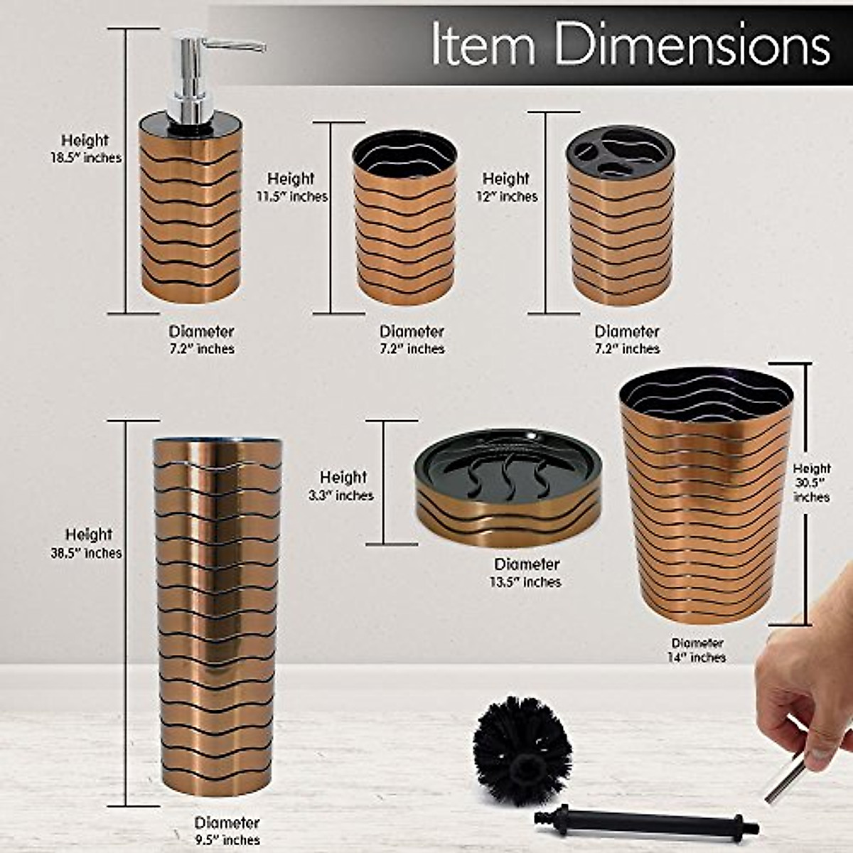 SereneLife 6 Piece Bathroom & Sink Accessory Set - Bronze Finish Modern Vanity Accessories Kit Include Tumbler, Toothbrush & Toilet Brush Holder, Lotion Dispenser, Soap Dish & Trash Bin - SLBATAC05