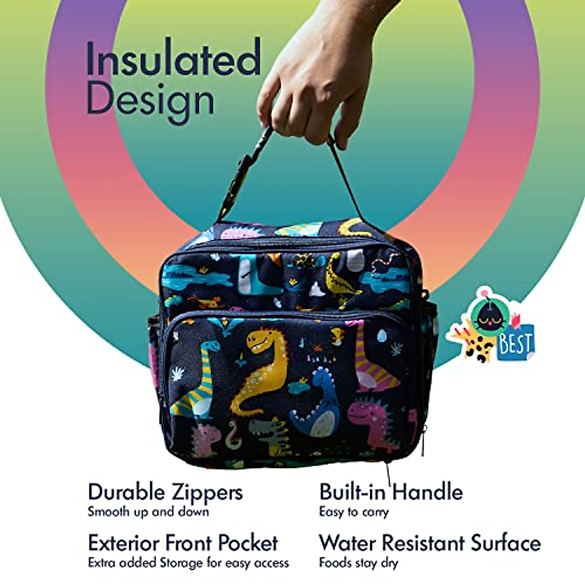 Mesa Lunch Bag for Kids - Kids Lunchbox for School, Daycare, Kindergarten - Insulated Lunch Box for Girls & Boys (Dinosaur)