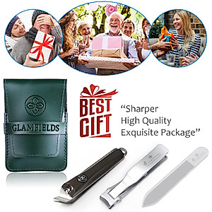 3pcs Nail Clippers Set, GLAMFIELDS Extra long Slanted Edge Fingernail Clipper Leather Case Packed Good Gift, 17mm Ultra Wide Jaw Opening Nail Cutter Toenail Clippers for Men Women Seniors Thick Nails